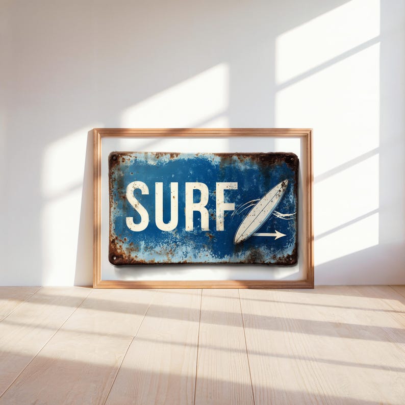 Vintage Surfing Sign: Rustic Surf Sign & Surfboard Wall Art Print - Etsy