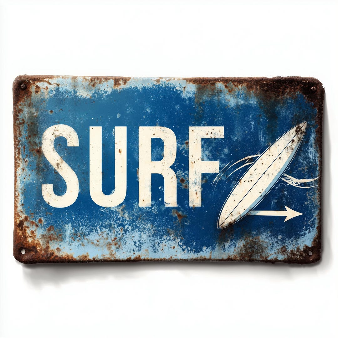 Vintage Surfing Sign: Rustic Surf Sign & Surfboard Wall Art Print - Etsy