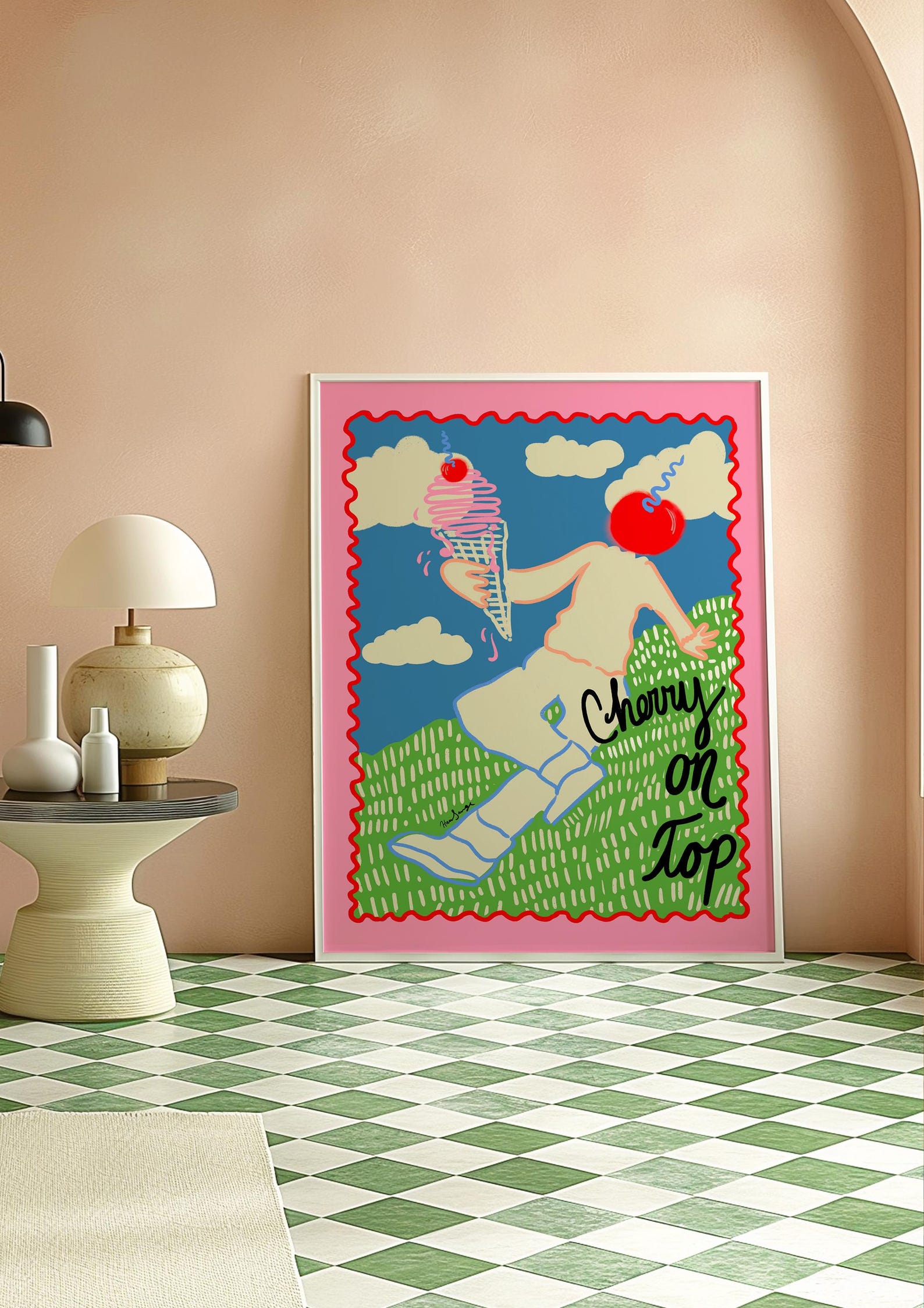 Cherry Wall Art Scalloped Frame Scalloped Edge Cute Artwork Modern Art ...