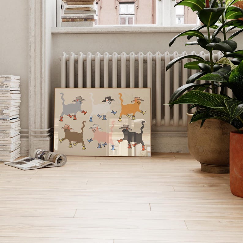 Cowboy Cat Print – Whimsical Western Cat Wall Art, Horizontal (digital ...