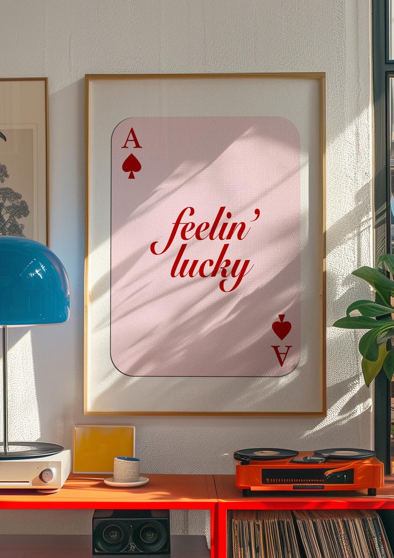 Lucky Pink Playing Card Wall Art How Lucky Are We Poster Retro Pink Red ...