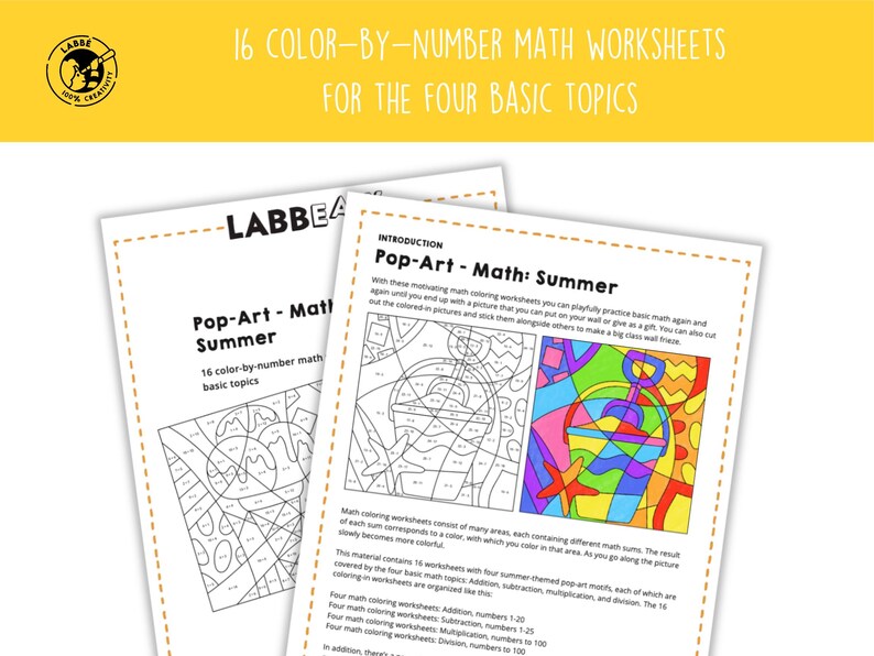 Pop-art Math - Summer | DIY Color-by-number Worksheets | Math Coloring ...
