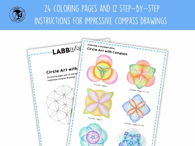 Circle Art With Compass | Geometry and Coloring Activity | 24 Pages of ...