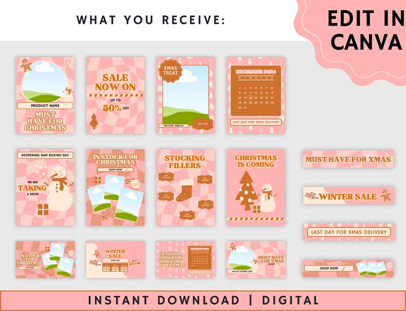 Christmas Marketing Bundle Templates Canva - 70s Retro Groovy Pink ...