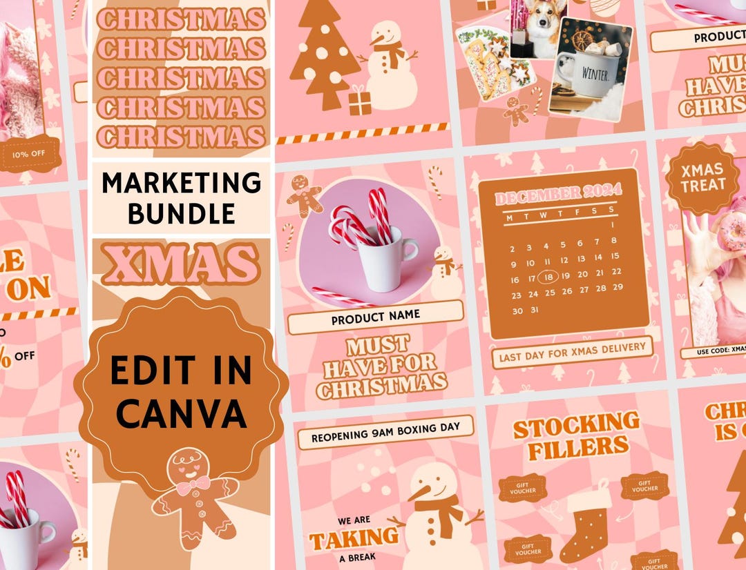 Christmas Marketing Bundle Templates Canva 70s Retro Groovy Pink Brown ...