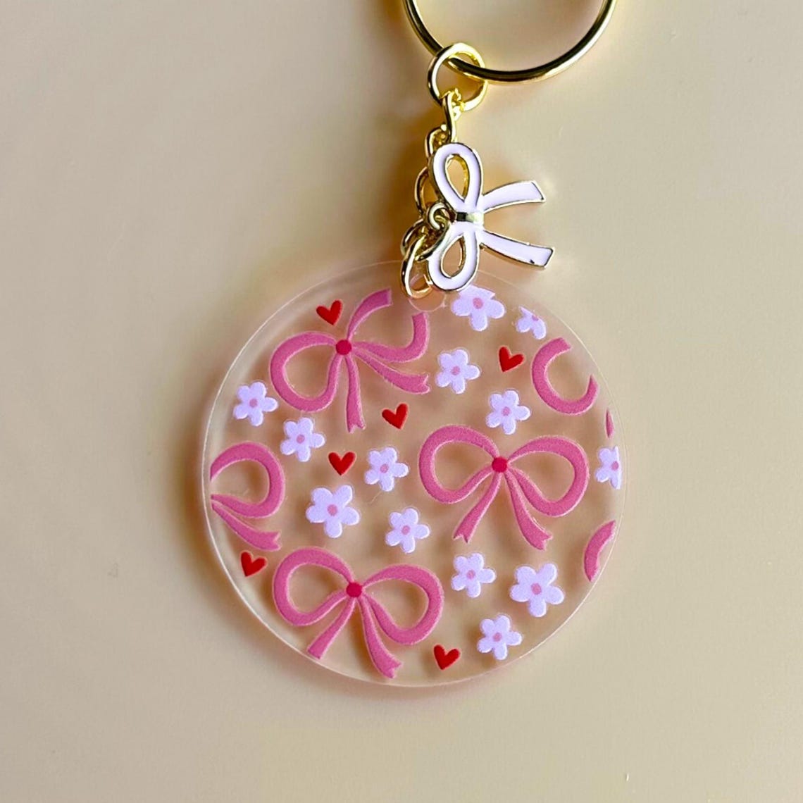 Coquette Bow Keychain, Pink Bow Acrylic Keychain, Round Acrylic Girly ...