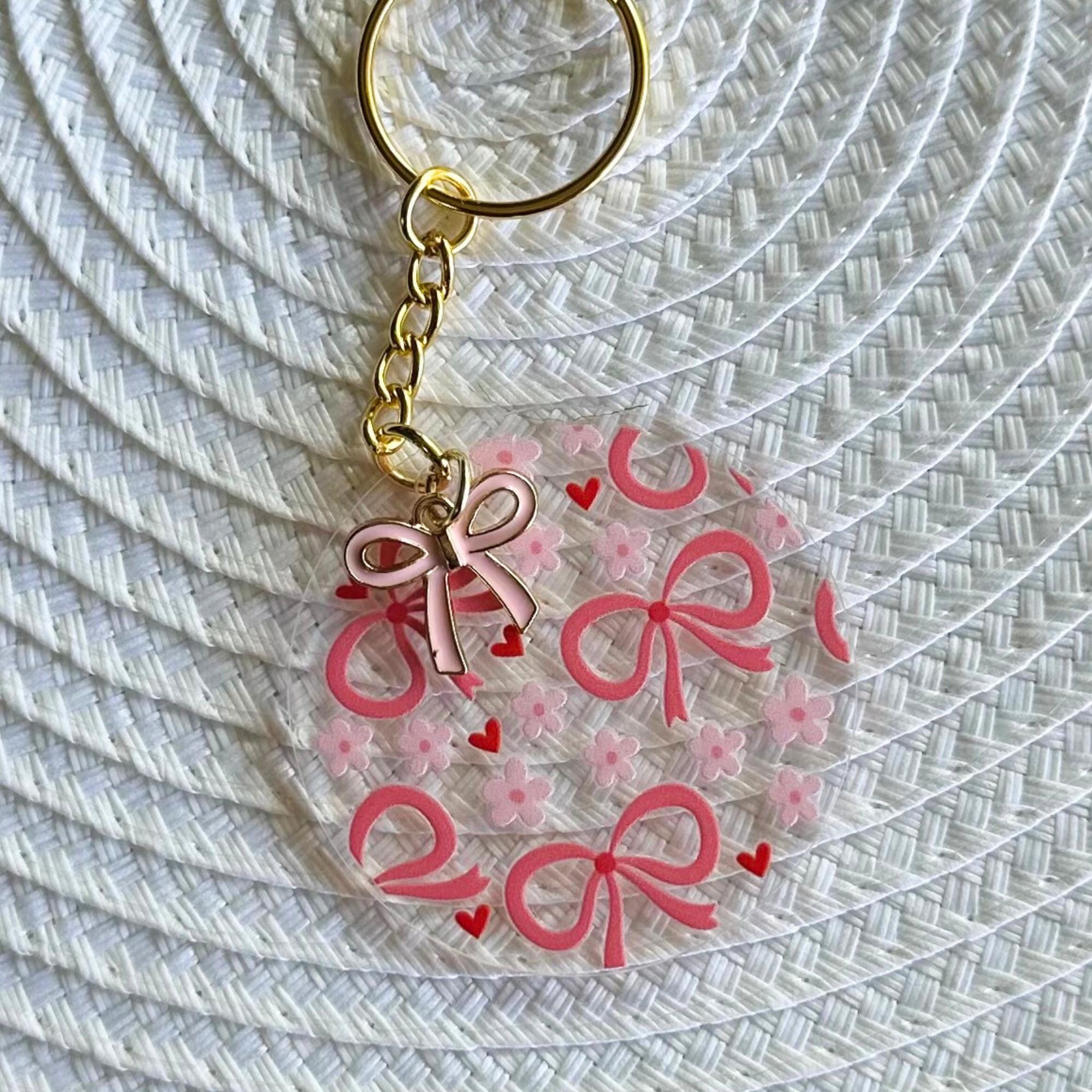 Coquette Bow Keychain, Pink Bow Acrylic Keychain, Round Acrylic Girly ...