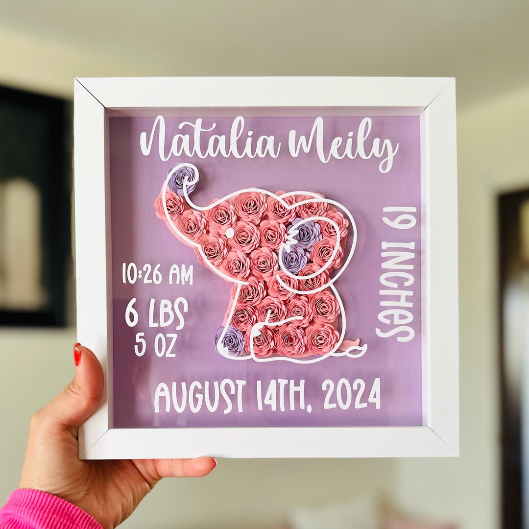 Baby Girl Information Shadow Box, Baby Elephant Shadow Box, Gift for ...