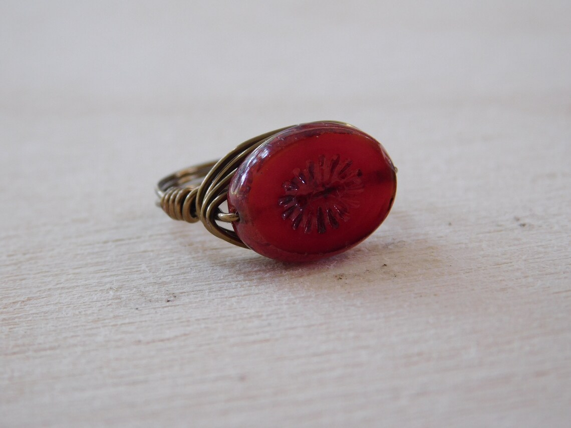 Dark Red Czech Ring Red Ring Red Oval Ring Elegant Red - Etsy