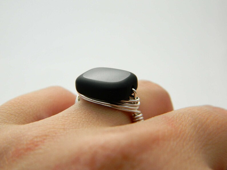 Black Jet Ring. Black Ring. Jet Matte Edge Glass Ring. Elegant Flat ...
