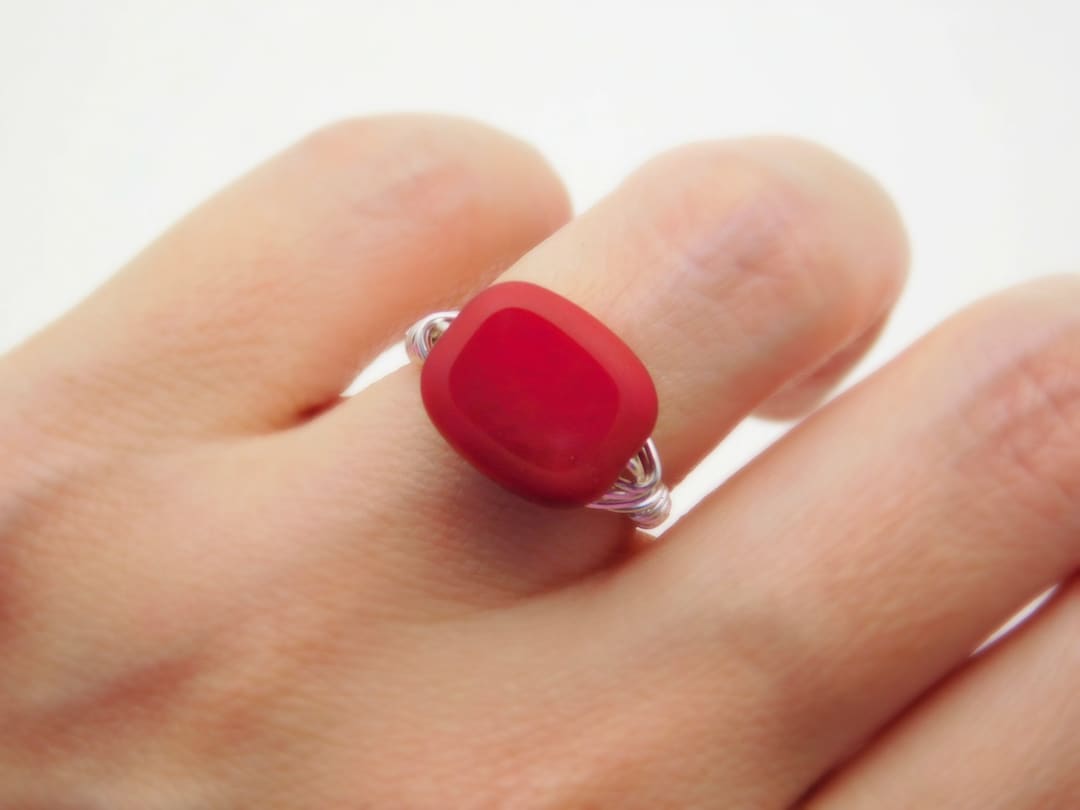Ruby Red Ring, Red Ring, Red Matte Edge Glass Ring, Elegant Red Ring ...