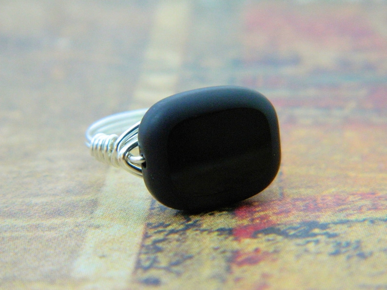 Black Jet Ring. Black Ring. Jet Matte Edge Glass Ring. Elegant Flat ...