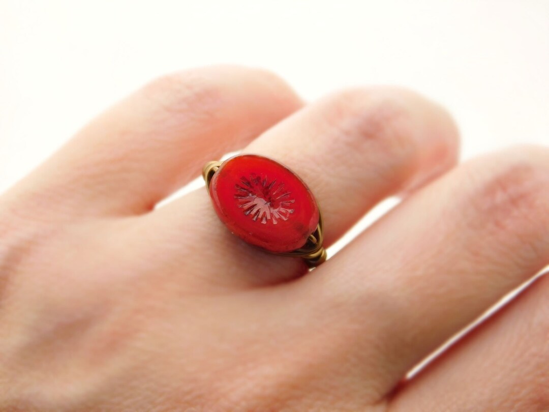 Dark Red Czech Ring, Red Ring, Red Oval Ring, Elegant Red Ring, Hot Red ...