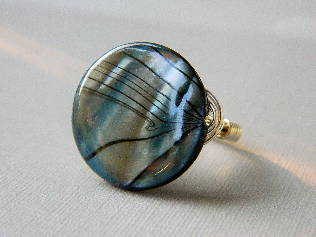 Shell Ring, Blue Striped Shell Ring - Mother of Pearl Rings. Black Grey ...