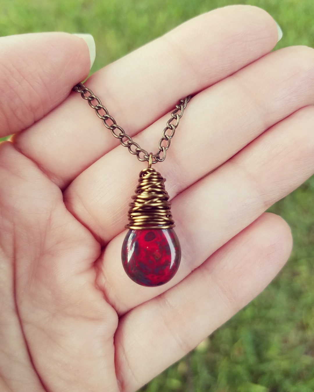 Dark Red Drop Pendant Necklace - Red Czech Picasso Teardrop, Jewelry ...