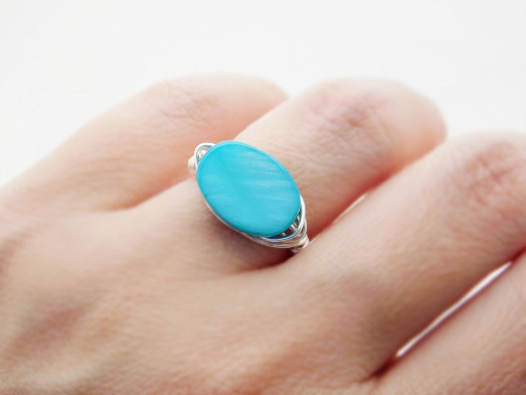 Aquamarine Shell Ring. Aqua Mother of Pearl Ring. Blue Oval Ring ...