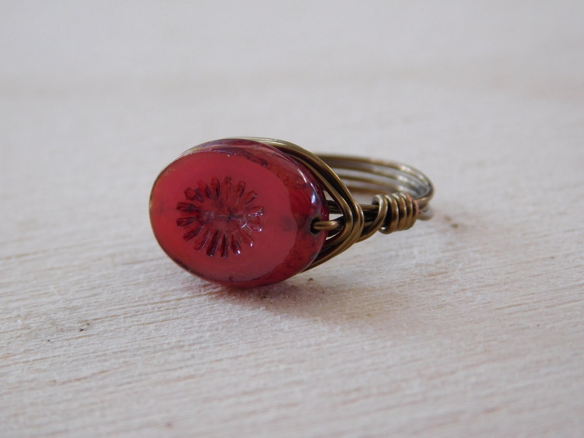 Dark Red Czech Ring Red Ring Red Oval Ring Elegant Red - Etsy