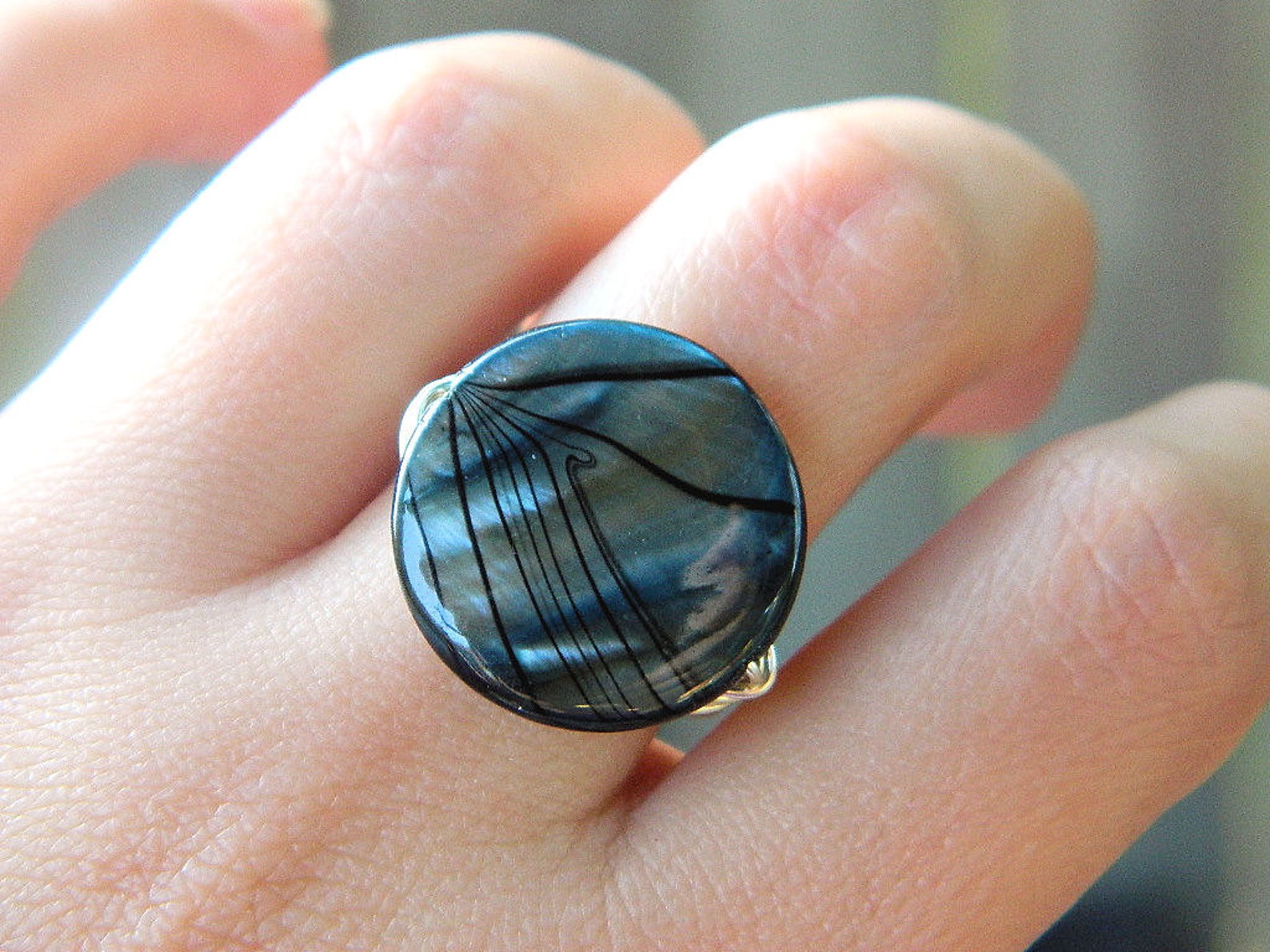 Shell Ring, Blue Striped Shell Ring - Mother of Pearl Rings. Black Grey ...