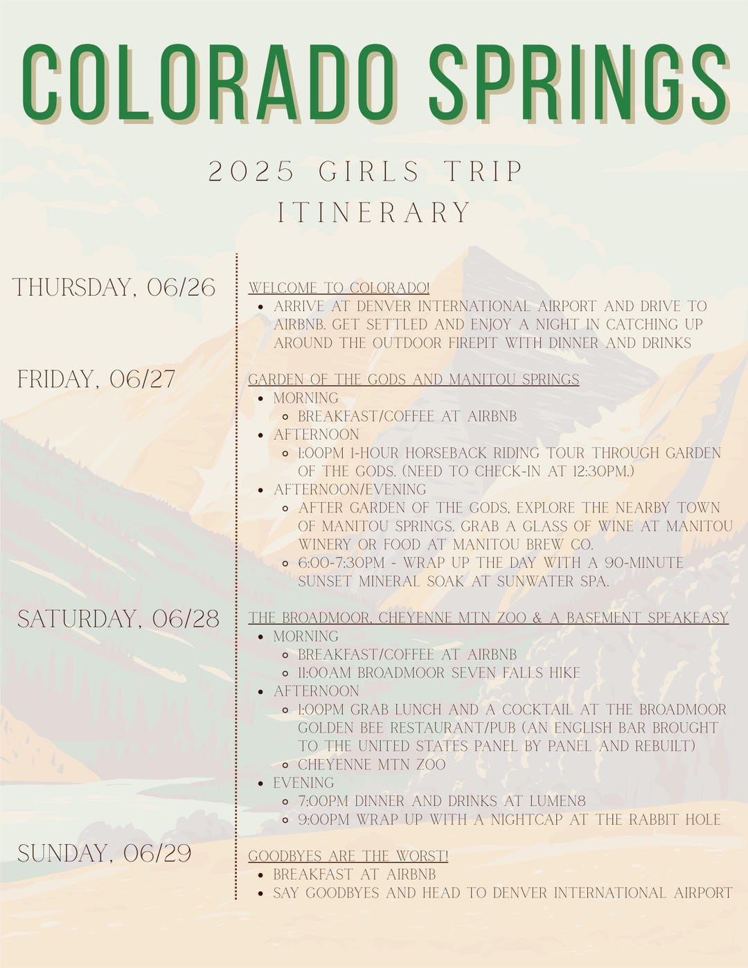 Colorado Girls Trip Itinerary Template: Bachelorette Weekend Agenda ...