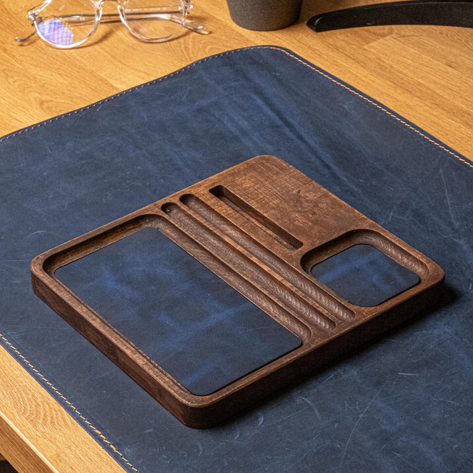 Wooden & Leather Desk Organizer , Desk Tray , Pencil Tray , Docking ...