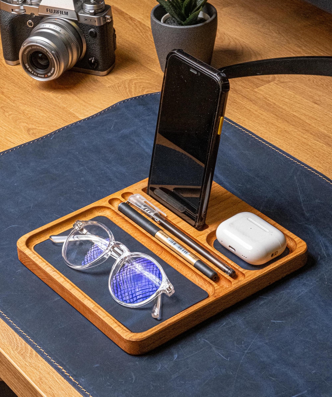 Wooden & Leather Desk Organizer , Desk Tray , Pencil Tray , Docking ...