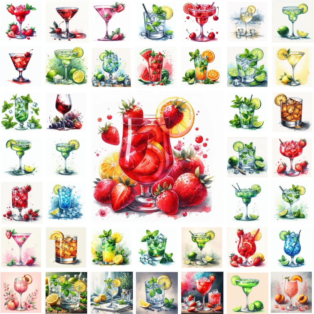 Watercolor Cocktail Clipart Bundle, Bar Menu, Champagne Clipart ...