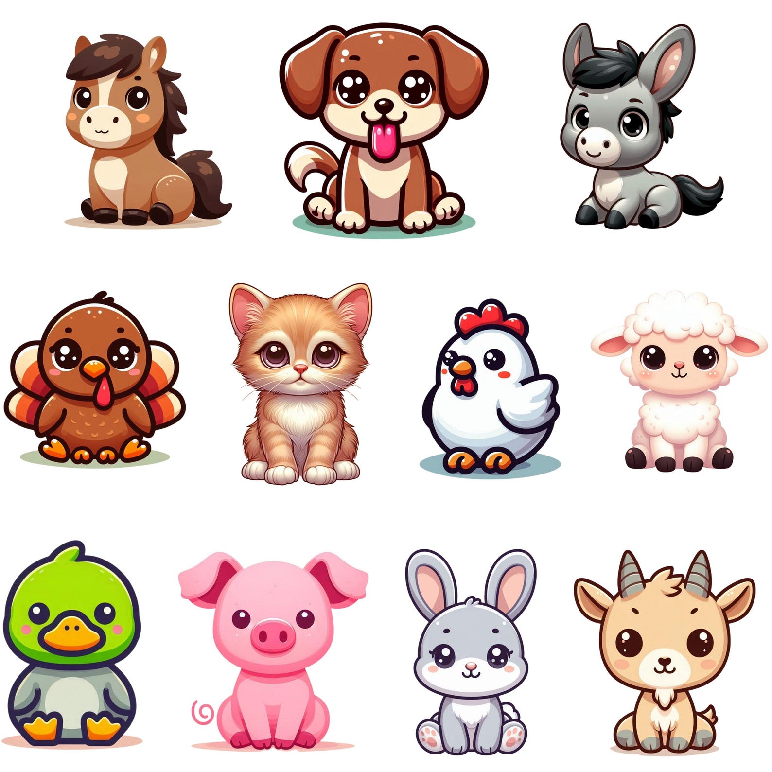 Cute Farm Animal Clipart Bundle | Kawaii Horse, Dog, Donkey, Chicken ...