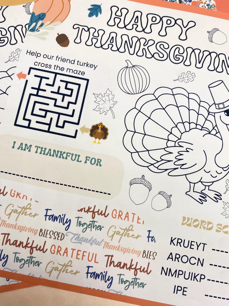 Thanksgiving Paper Placemats, Thanksgiving Party Favors, Thanksgiving ...