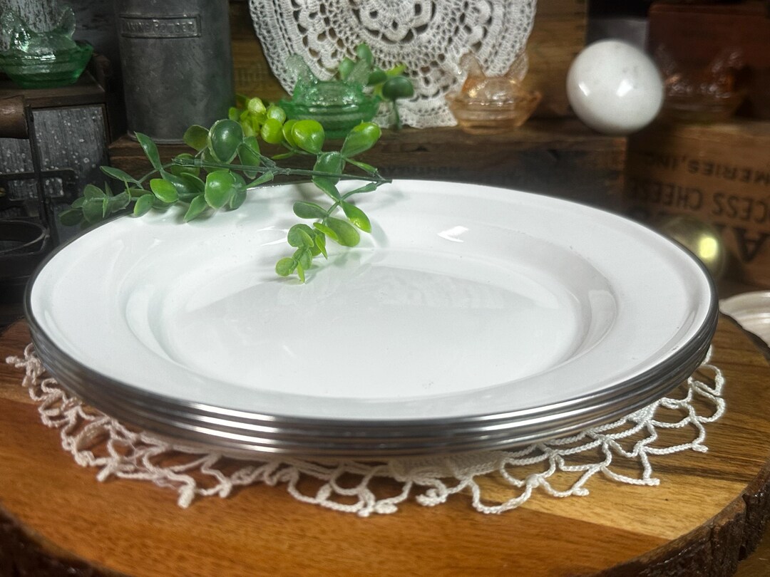White Enamel Plates With Metal Rim ~ Set of 4 - Etsy