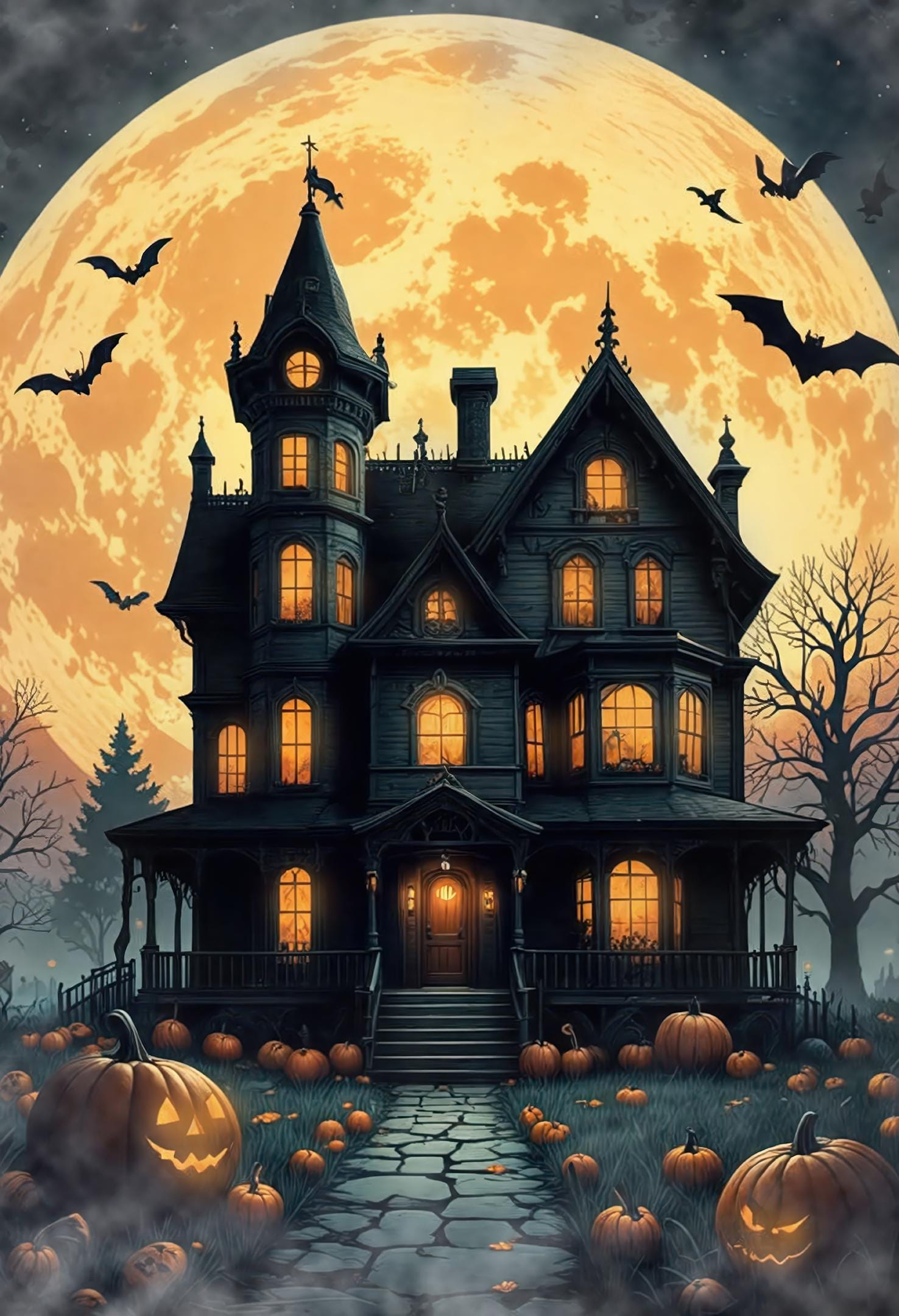 Folk Art Haunted House Illustration, Printable Art, Halloween Art ...