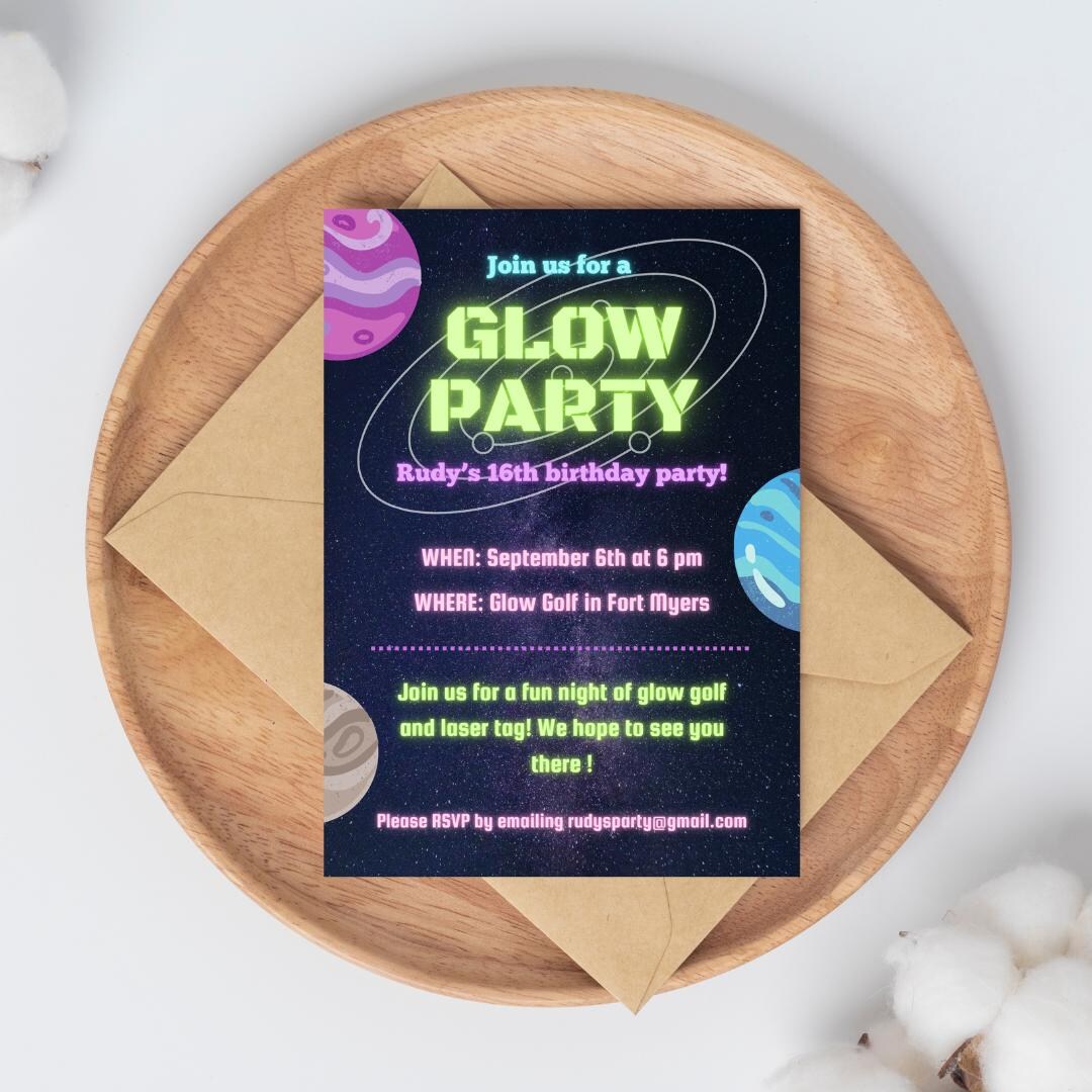 Galaxy Glow Birthday Party Invitation Canva Template, Editable Neon ...