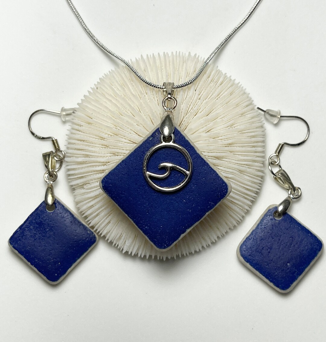 Genuine Pacific Ocean COBALT Pottery Tile Necklace and Earrings Set ...