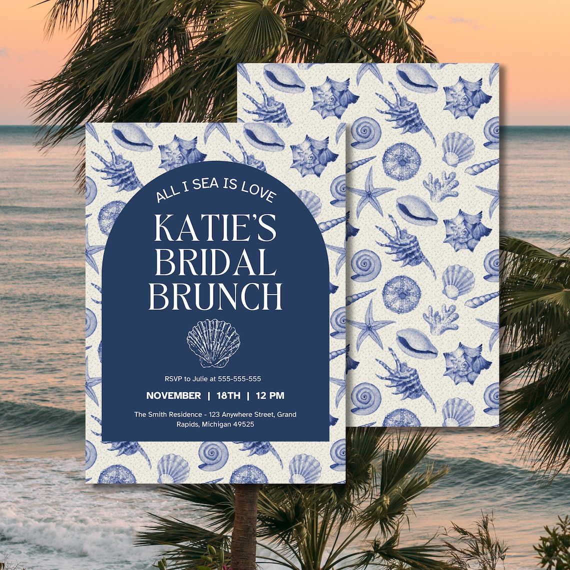 Coastal Bridal Brunch Invitation | Watercolor Shells, Easy Edit ...