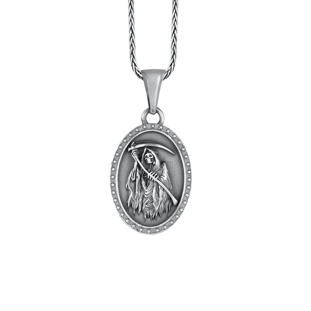 Grim Reaper Necklace Sterling Silver, Black Skeleton With Scythe ...