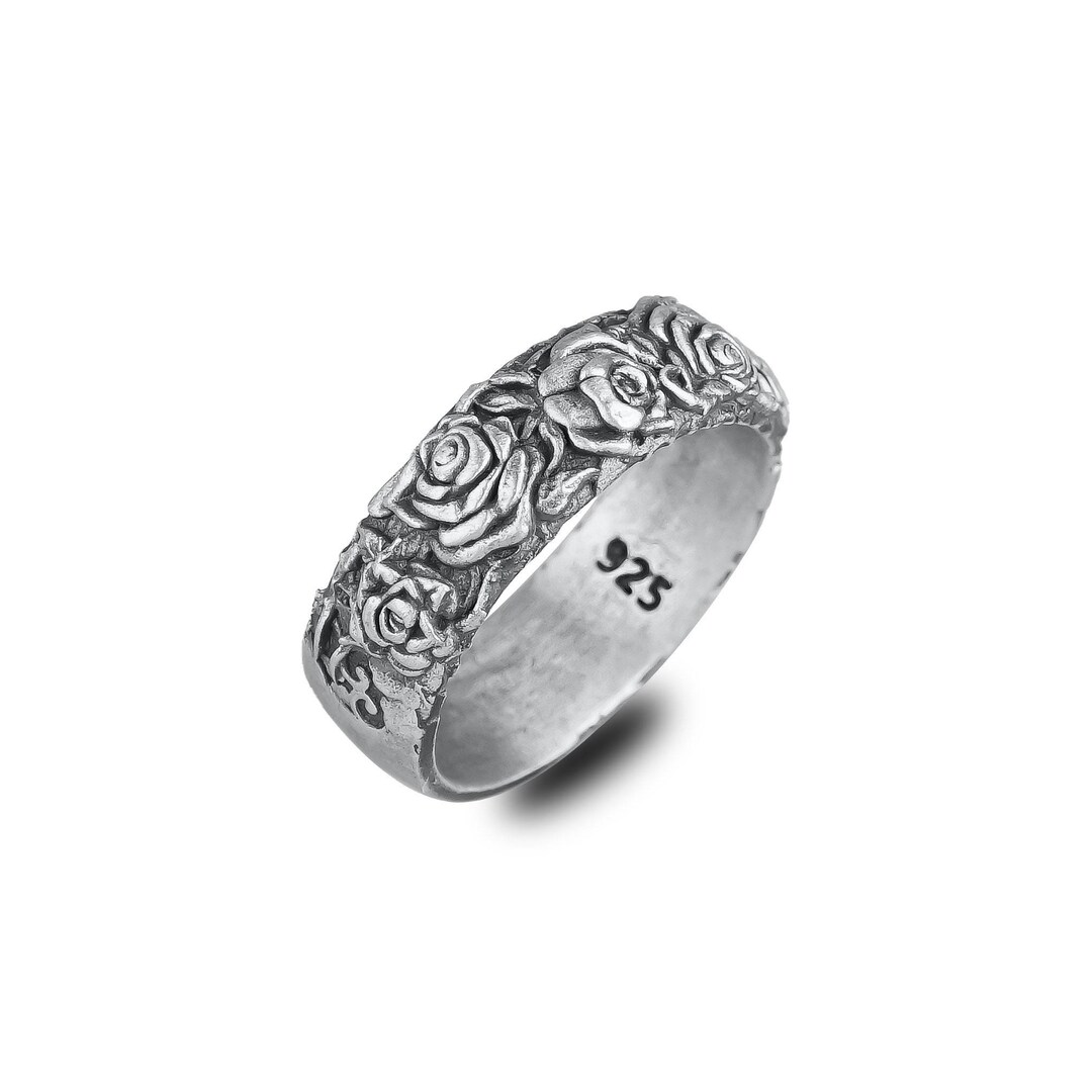 Rose Garden Wedding Band, Rose Ring Sterling Silver, Handmade Flower ...