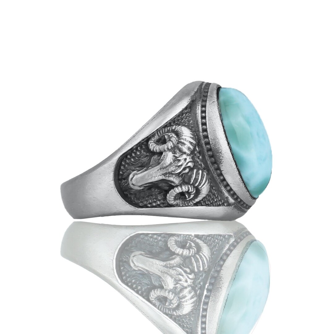 Ram Head Ring With Larimar Stone, Natural Larimar Ring Sterling Silver ...