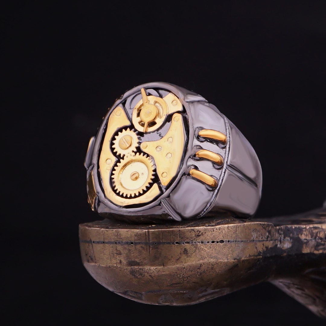 Steampunk Ring Sterling Silver, Black and Gold Ring, Engine Gear Ring ...