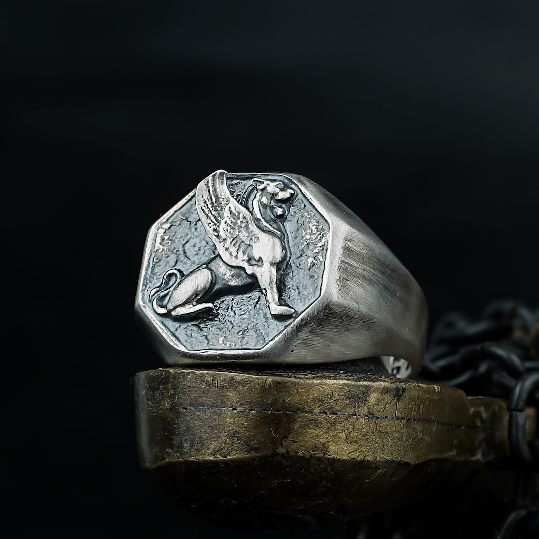 Winged Lion Ring 925 Sterling Silver, Antique Griffin Signet Ring, Mens ...