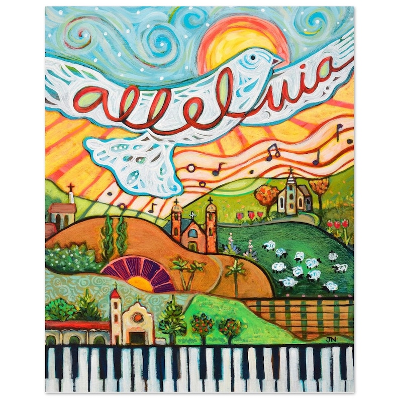 Sing Alleluia! Musical Landscape Poster With Piano, Guitar, Churches ...
