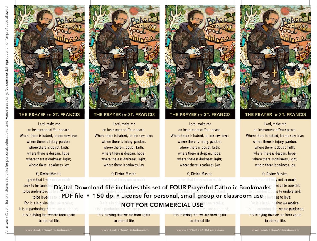 Set of 4 Saint Francis Bookmarks, Printable Digital File, Prayer of St ...