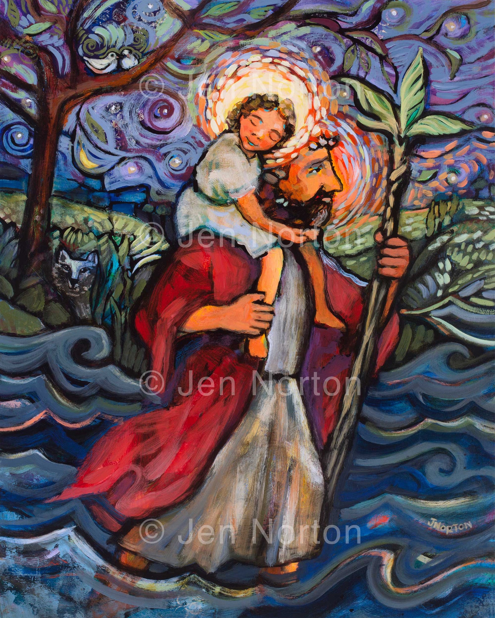 Saint Christopher art print Catholic folk art painting | Etsy