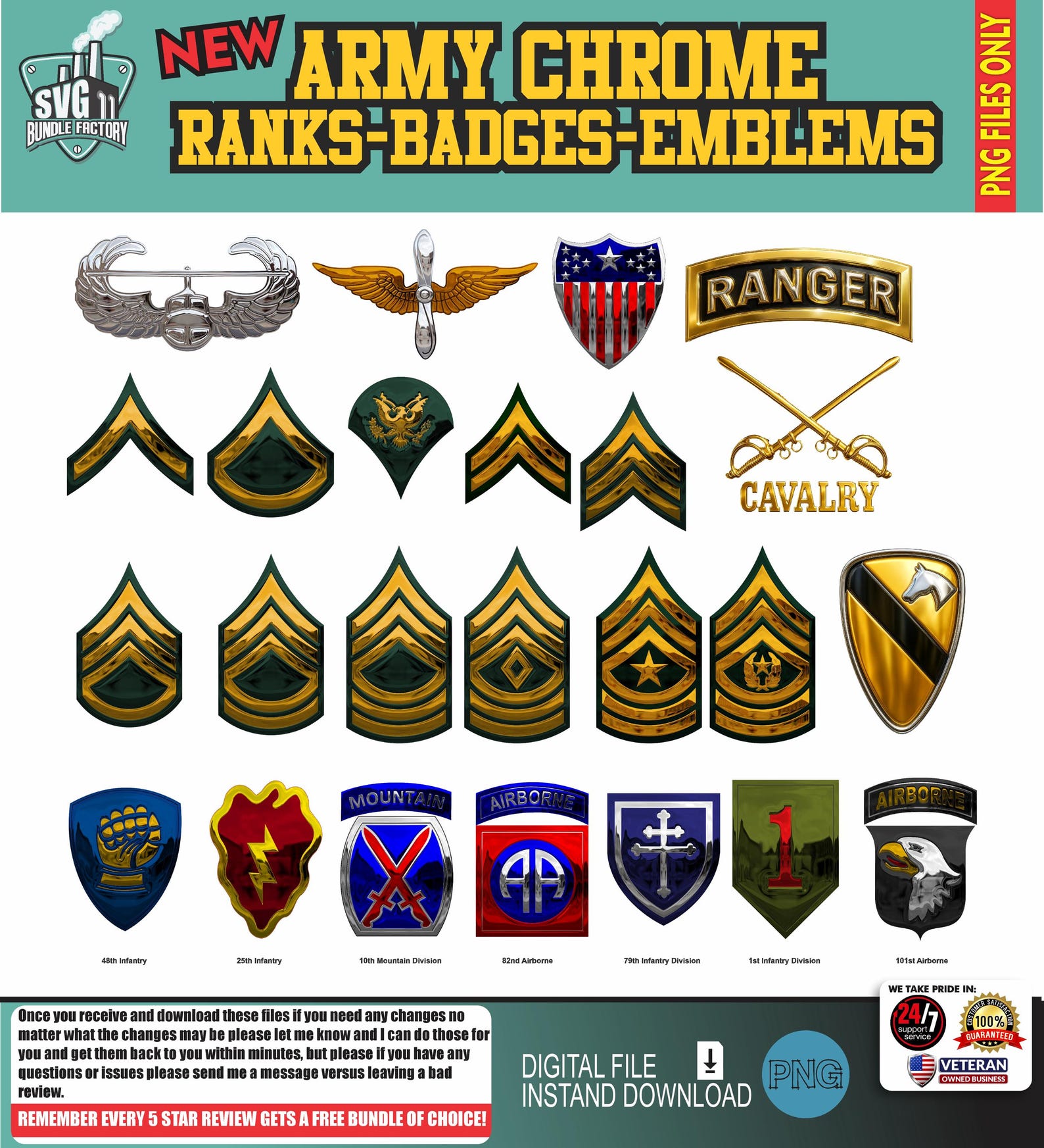 Army Chrome Ranks Badges Emblems, Airborne, Ranger SVG PNG PDF (digital ...