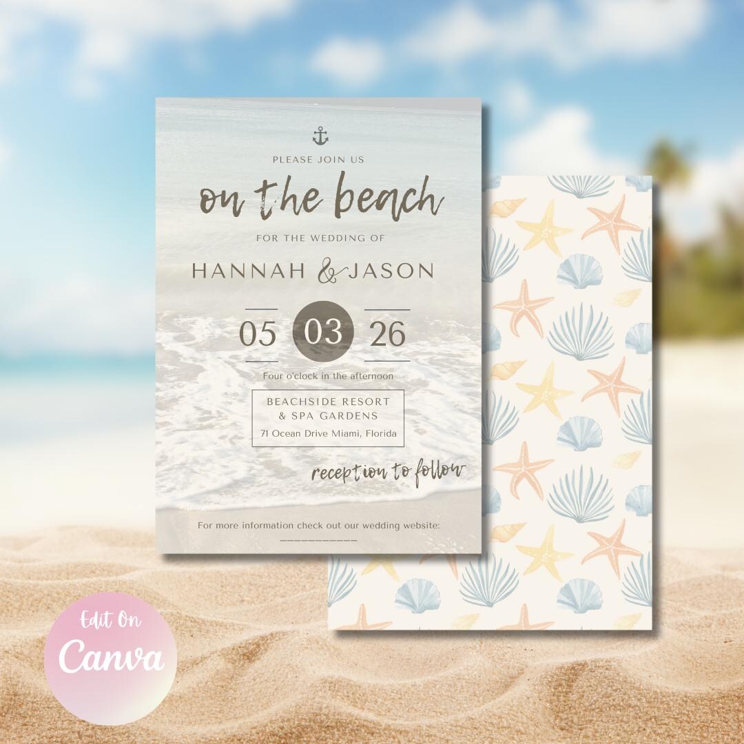 Beach Wedding Invitation | Editable Canva Template | Shoreline ...
