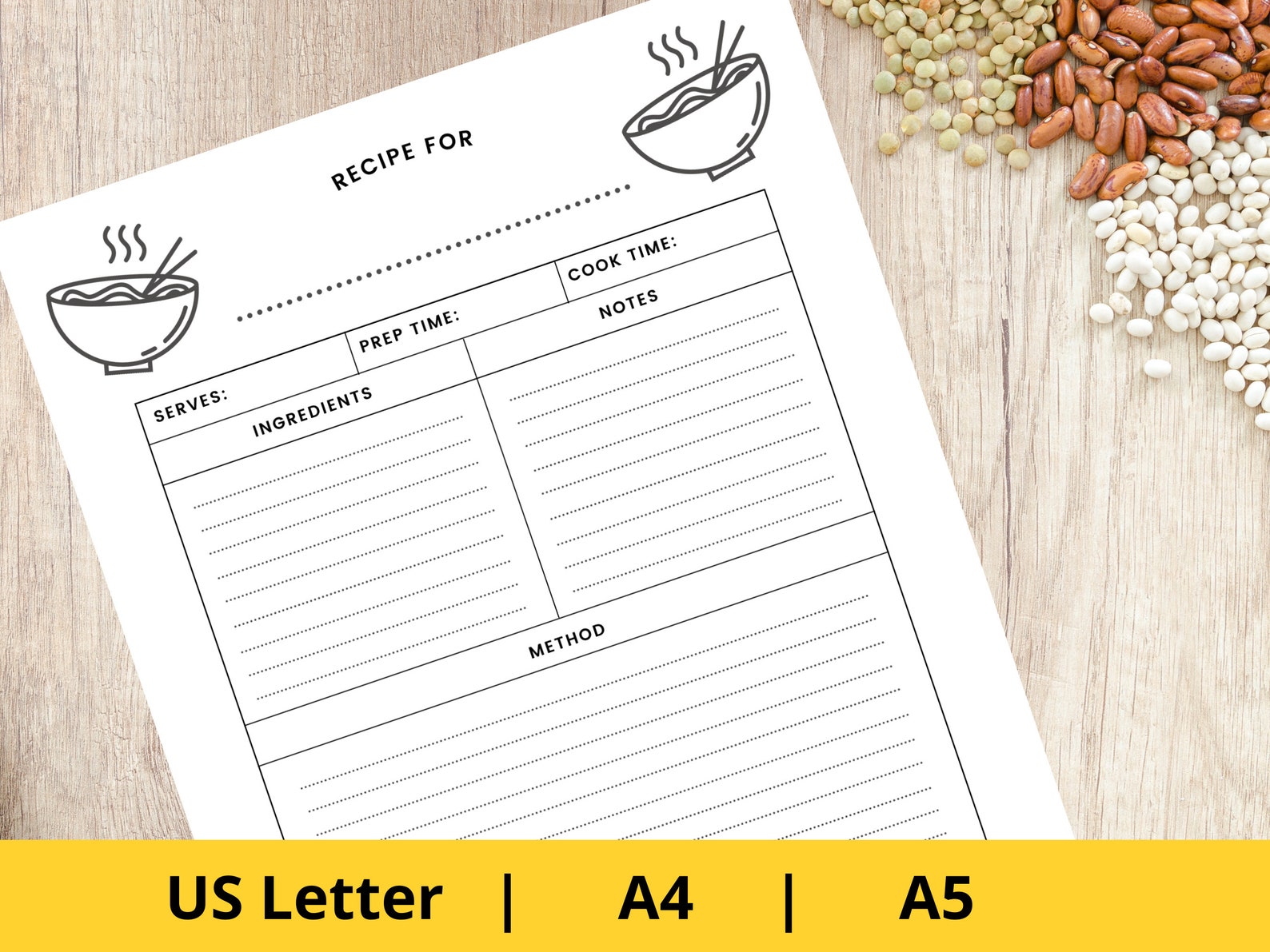 Printable Recipe Template | Ready-to-print PDF | Includes 3 Paper Sizes ...