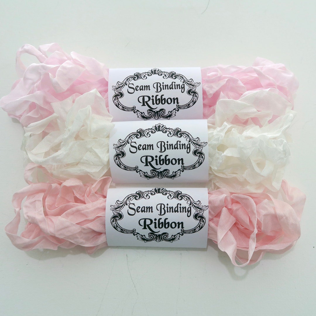 Seam Binding Ribbon, Pink, White, Shabby Crinkled Rayon Ribbon,french ...