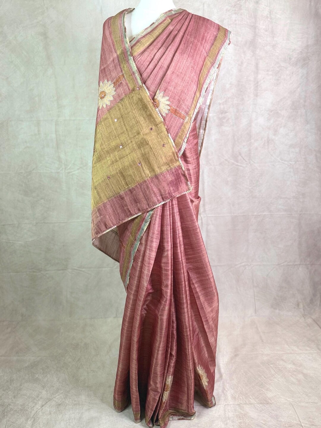 Handwoven Tussar Silk Pastel Pink Saree With Floral Blouse | Elegant ...