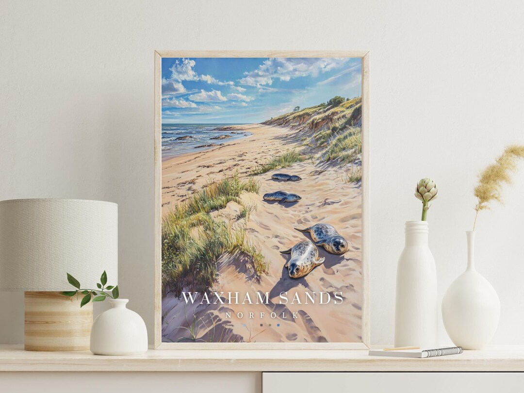 Painted Waxham Beach Print, Norfolk Beach Wall Print, Seal Wall Art ...