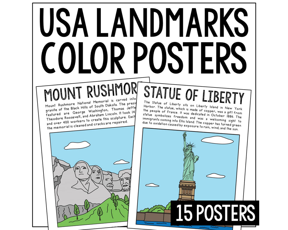 USA AMERICAN LANDMARKS Color Posters Geography Class Bulletin Board ...
