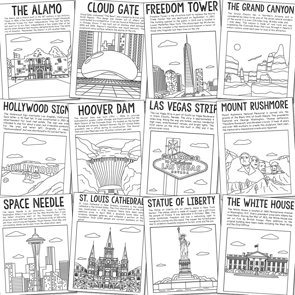 USA Landmarks Coloring Pages for Kids | Homeschool Geography Social ...