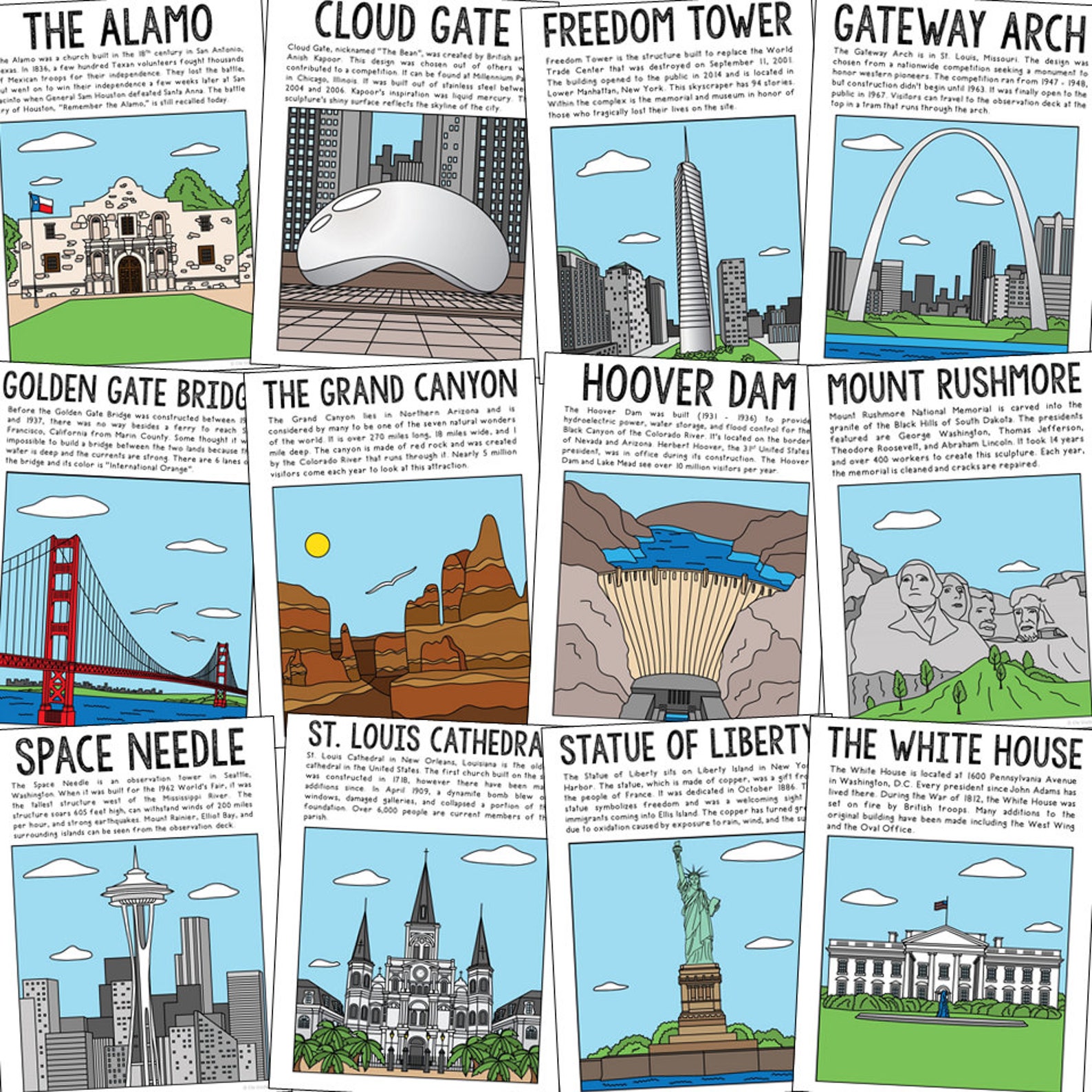 USA AMERICAN LANDMARKS Color Posters Geography Class Bulletin Board ...